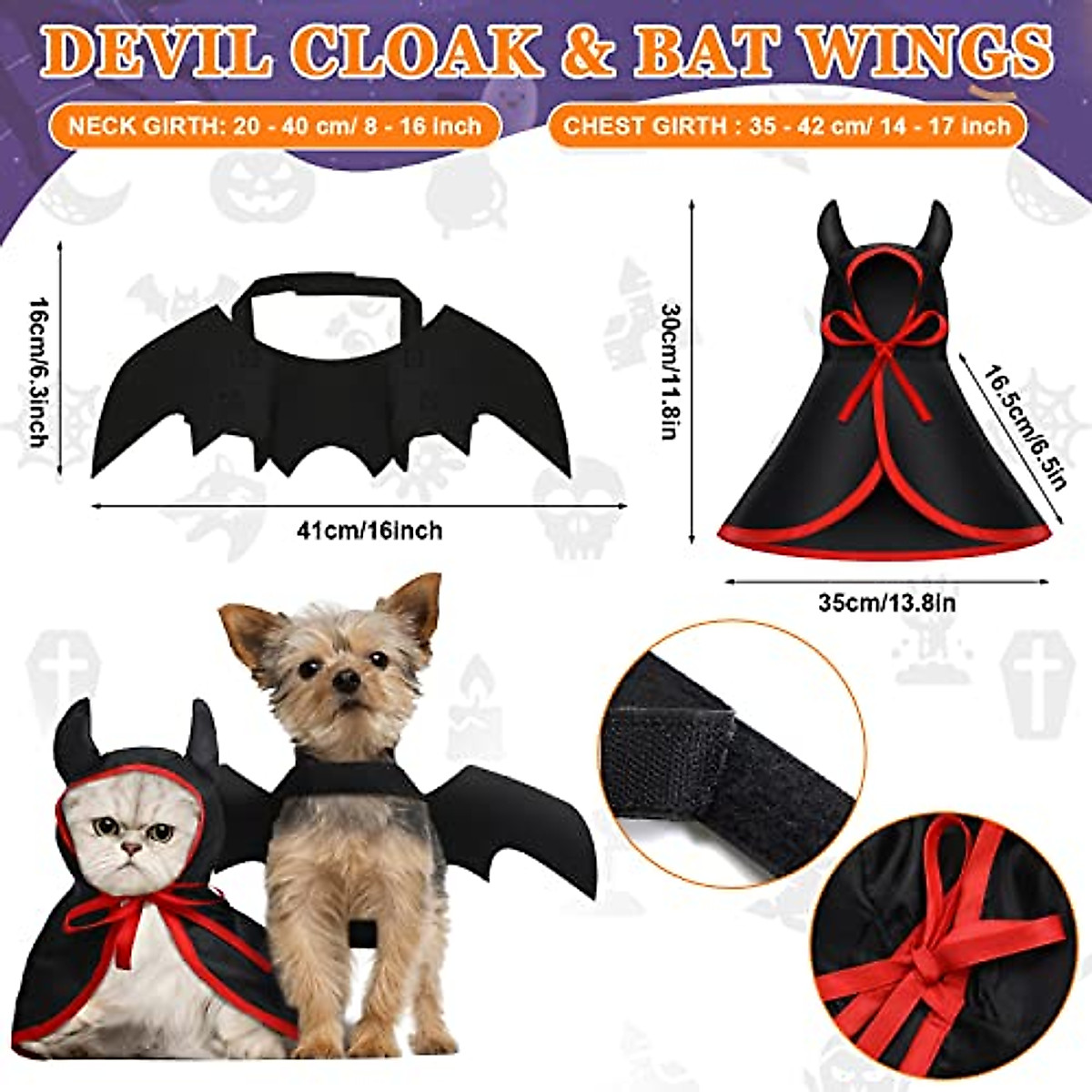 4 Pcs Halloween Pet Costume Cat Dog Wizard Costume Vampire Devil Cloak with Hat Bat Wings Wizard Hat Devil Cloak Cat Small Dogs Outfits for Halloween Party Pet Cosplay