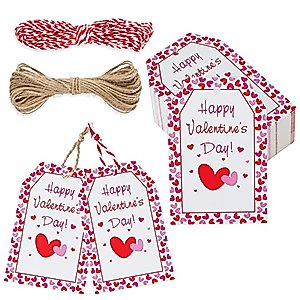 100Pcs Pink Valentine's Day Gift Tags with String, Chamfer Happy Valentine's Day Paper Hangtags, Personalized Gift Tags for Gift Wrap, Valentine's Day Party and Celebrations Decorations(3.34"x2.16")