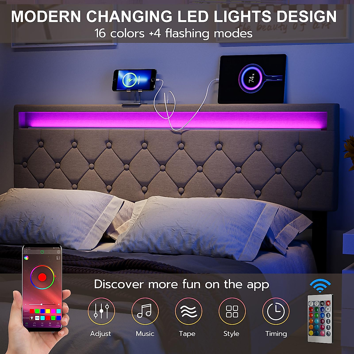 IKIFLY Upholstered Queen Size Headboard with LED Lights & 2 USB Ports - Adjustable Height - Button Tufted Linen Fabric Padded Headboard, Easy Assembly, Queen Headboard Only for Bedroom - Light Brown