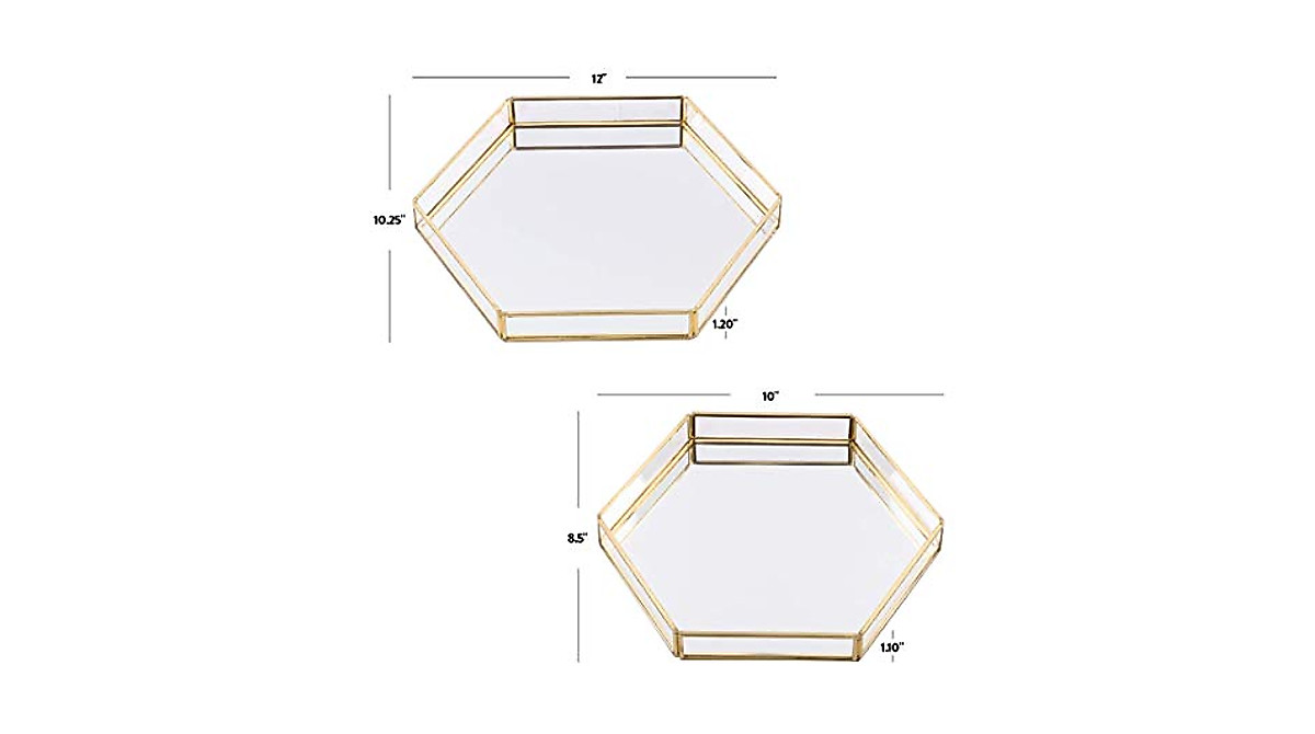 Decorative Gold Glass Mirror Hexagonal Trays Set of 2