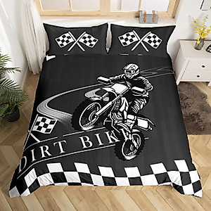 Erosebridal Boys Bedding Set Full Dirt Bike Comforter Cover, Extreme Sport Bed Set Teens Adults Motocross Duvet Cover, Black White Grid Quilt Cover, Black Reversible 3pcs Breathable