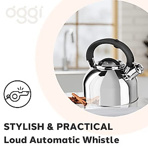OGGI Tea Kettle for Stove Top - 64oz / 1.9lt, Stainless Steel Kettle with Loud Whistle, Ideal Hot Water Kettle and Water Boiler - Silver Mirror