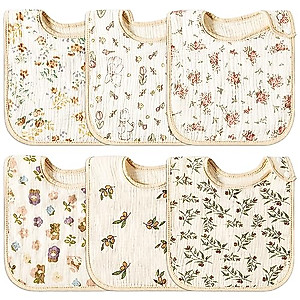 Zainpe 6Pcs Snap Muslin Cotton Baby Bibs Flowers Rabbits Patterns Infants Drooling Bib Soft & Absorbent Adjustable Burp Cloths Feeding Bibs for Newborns Girls Boys Toddlers Teething Eating 0-36 Months