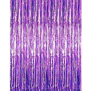 GOER 6.4 ft x 9.8 ft Metallic Tinsel Foil Fringe Curtains,Pack of 2 Party Streamer Backdrop for Birthday,Graduation Decorations and New Year Eve (Purple)
