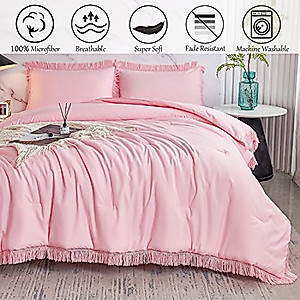 ZRNBAST 5 Pcs Blush Bed in a Bag Comforter Set with Tassel Bohemian Style Full Size Reversible Design Bedding with 2 Pillowcases Ultra Cozy Lightweight Quilt Set for Adults Kids (Blush, Full)