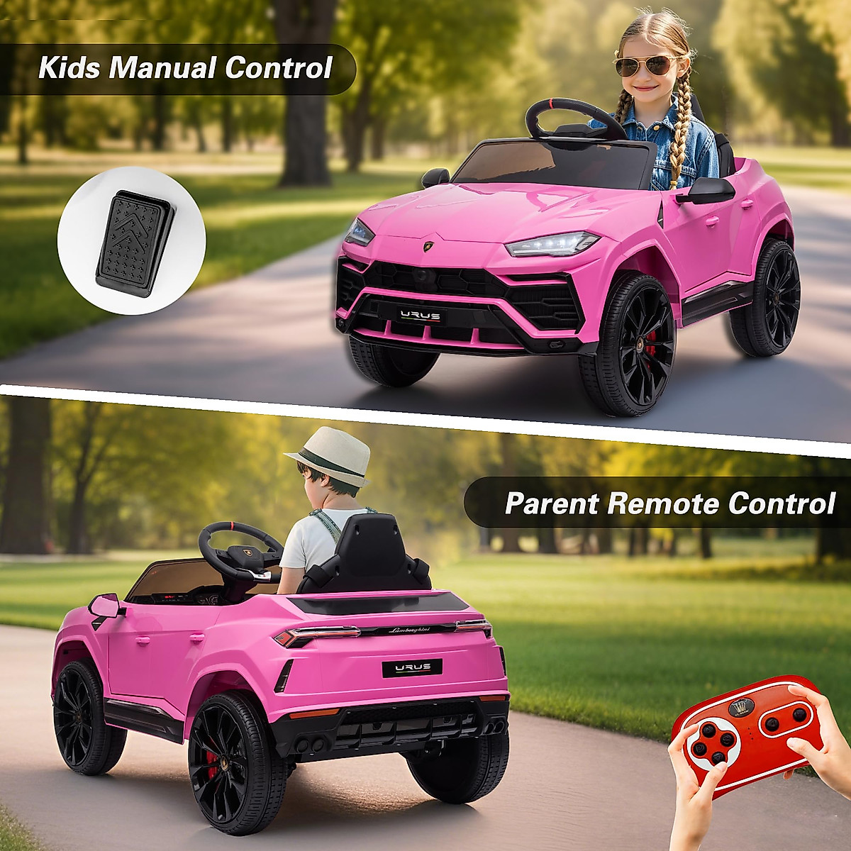 Rock Wheels Licensed Lamborghini Urus Ride On Truck Car Toy, 12V Battery Powered Electric 4 Wheels Kids Toys w/Parent Remote Control, Foot Pedal, Music, Aux, LED Headlights, 2 Speeds (Pink)