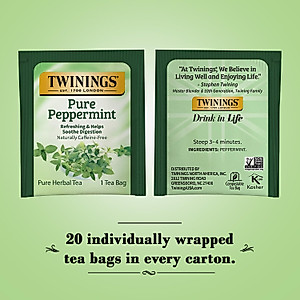 Twinings Pure Peppermint Tea - Refreshing Mint Tea, Naturally Caffeine-Free Herbal Tea Bags Individually Wrapped, 20 Count (Pack of 3)