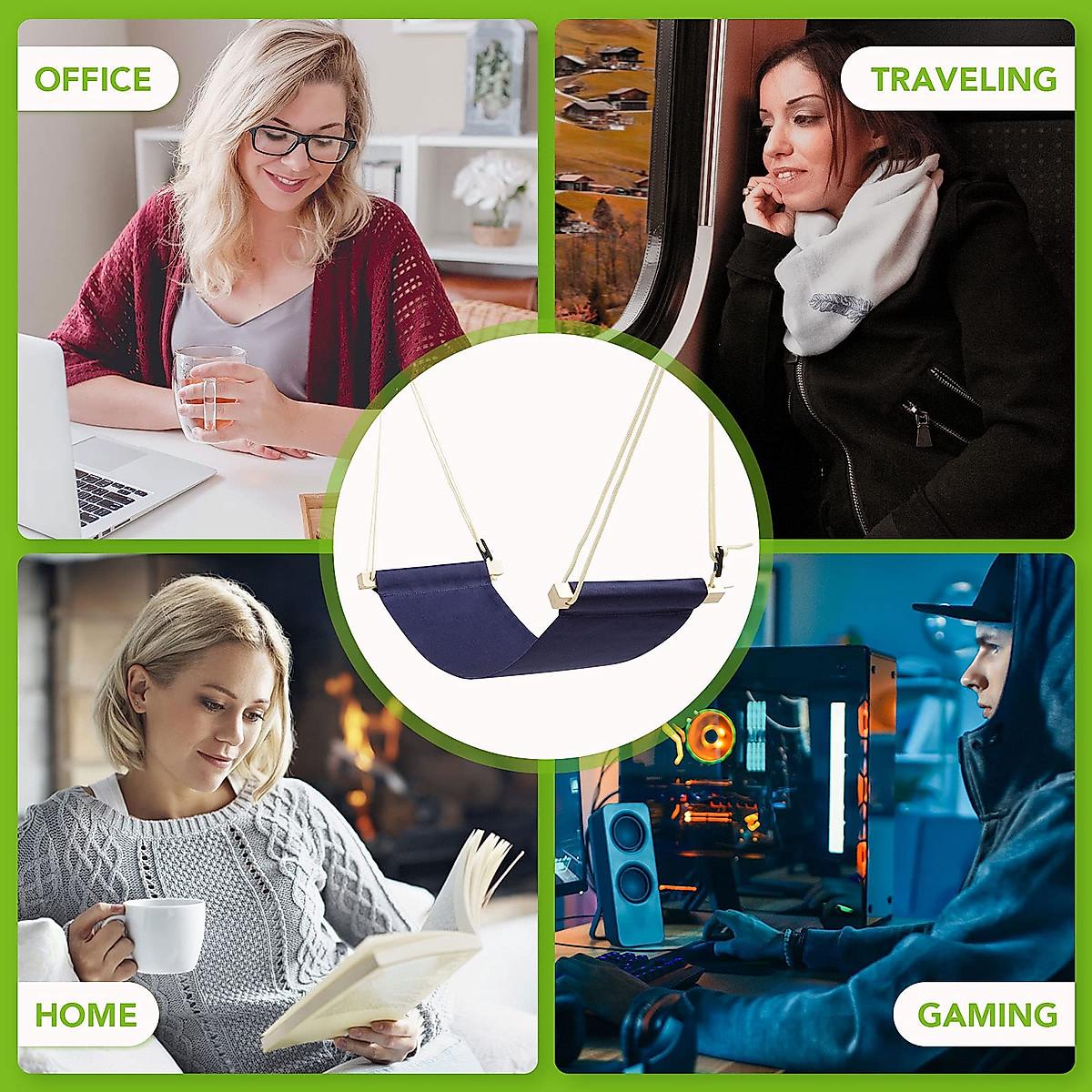 Foot Hammock Under Desk Footrest | Adjustable Office Foot Rest Under Desk Hammock | Portable Desk Feet Hammock with Headphones Holder (Black)