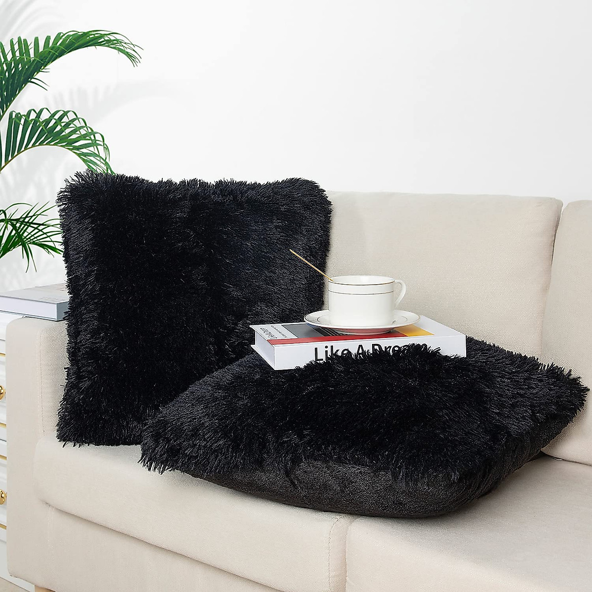 TOONOW Set of 2 Decorative Throw Pillow Covers 18x18, Black Fluffy Pillow Covers New Luxury Faux Fur Square Sofa Pillow Covers for Sofa Couch Living Room Bedroom, No Pillow Insert