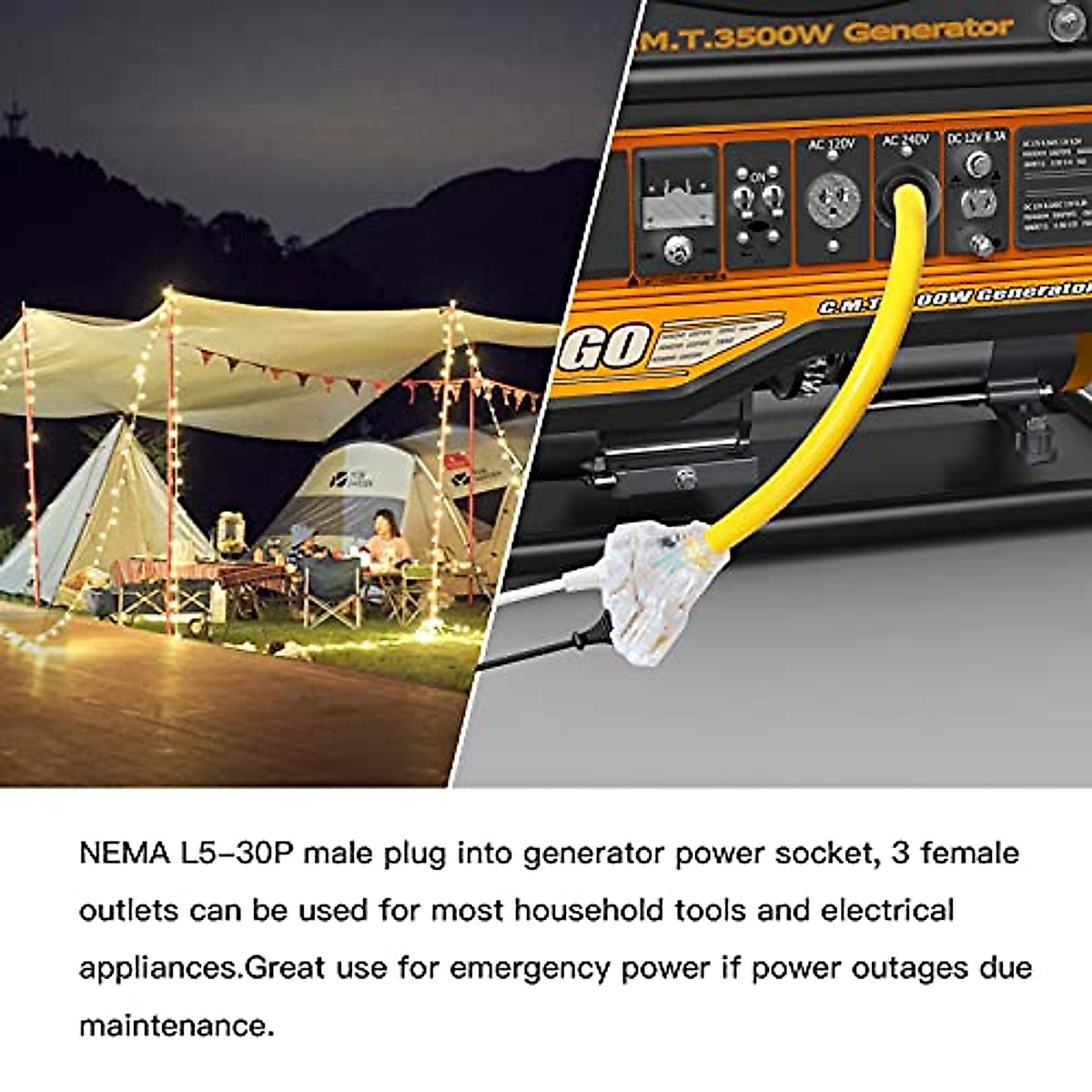 EXCELFU 30 Amp to 110 Adapter Generator Power Cord, 3 Prong 30 Amp to 15 Amp Generator Adapter, Nema L5-30P Male to 3X 5-20R Female with Lighted End, 1.5 FT
