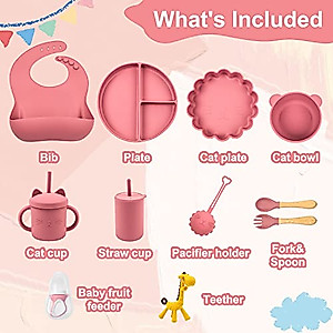 Kiddie Crave Baby Feeding Supplies Set of 11 – Ultra Soft Silicone Baby Utensils – Colorful Baby Led Weaning Supplies with Spoons, Bibs, Bowls – Comfortable and Safe Baby Plates (Pink)