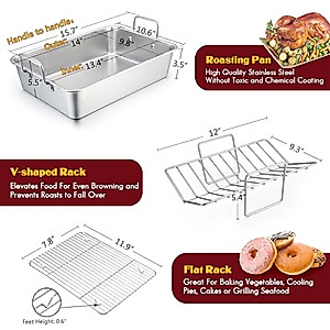 Stainless Steel Roasting Pan, E-far 14 x 10.6 Inch Heavy Duty Turkey Roaster with V Rack & Baking Rack Set, Small Metal Deep Broiling Pan for Oven Cooking Lasagna Meat Chicken - Dishwasher Safe