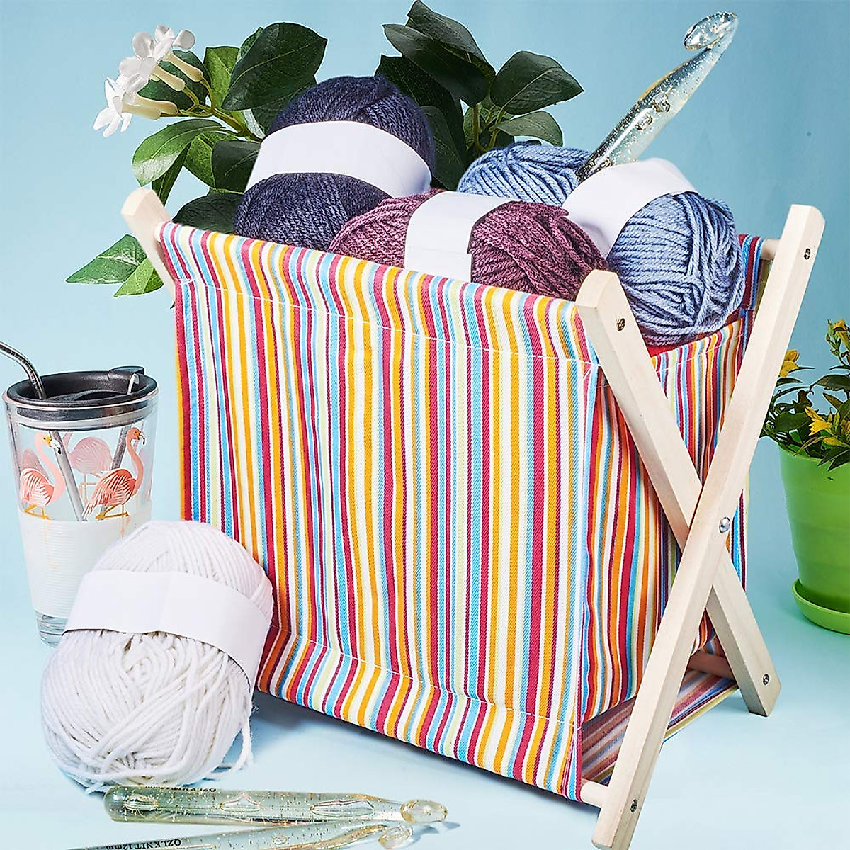 PH PandaHall Fold-Up Wooden Yarn Mini Arts Caddy Organization Storage Tangle Free Yarn Caddy Bag Organizer Folding Basket for Knitting, Yarn, Crotchet 10.9x9.8x7.5 Inch