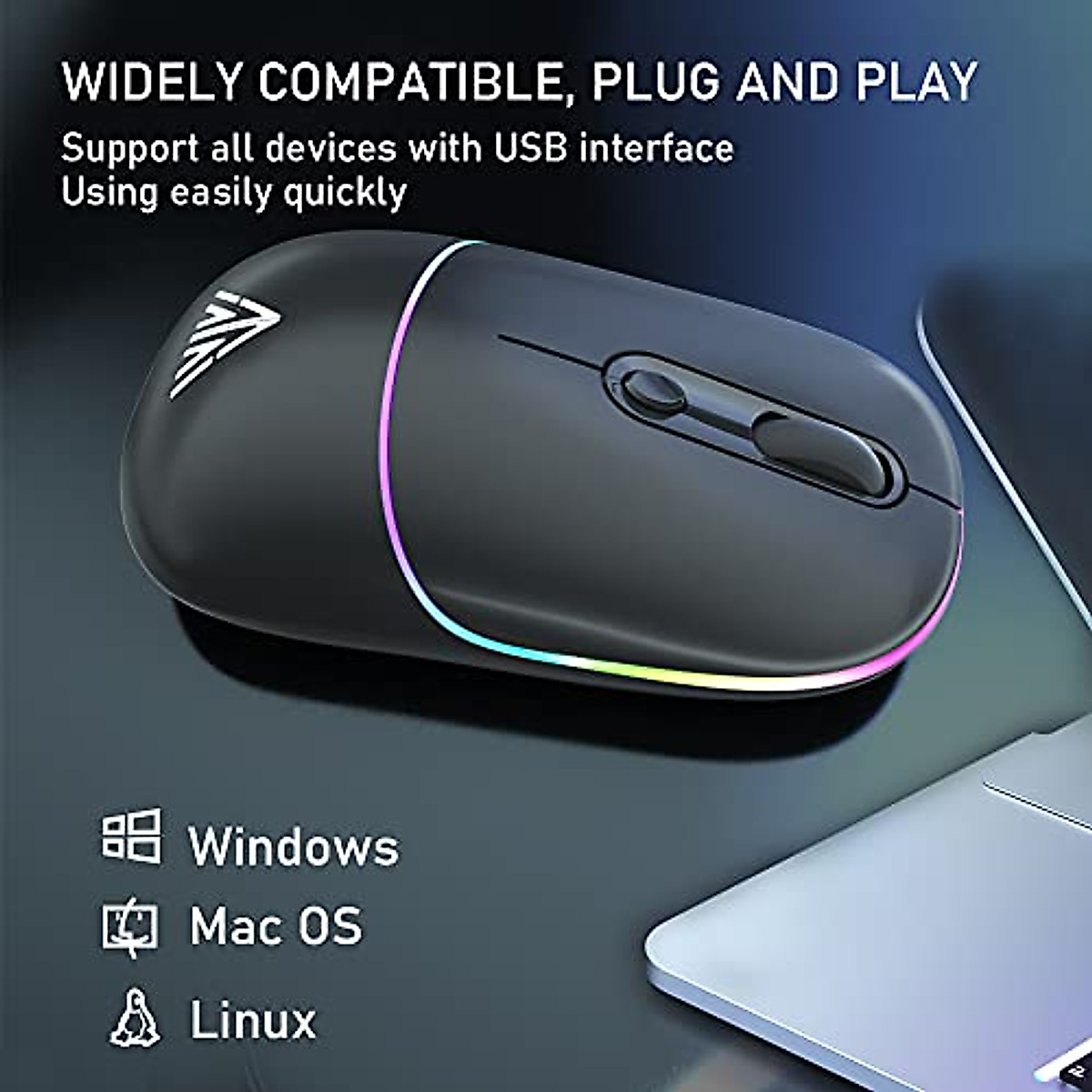 SOLAKAKA RGB 2.4GHz Wireless Mouse, Slim Portable Cordless Silent Laptop Office Mouse, Rechargeable USB PC Computer Mice, Black