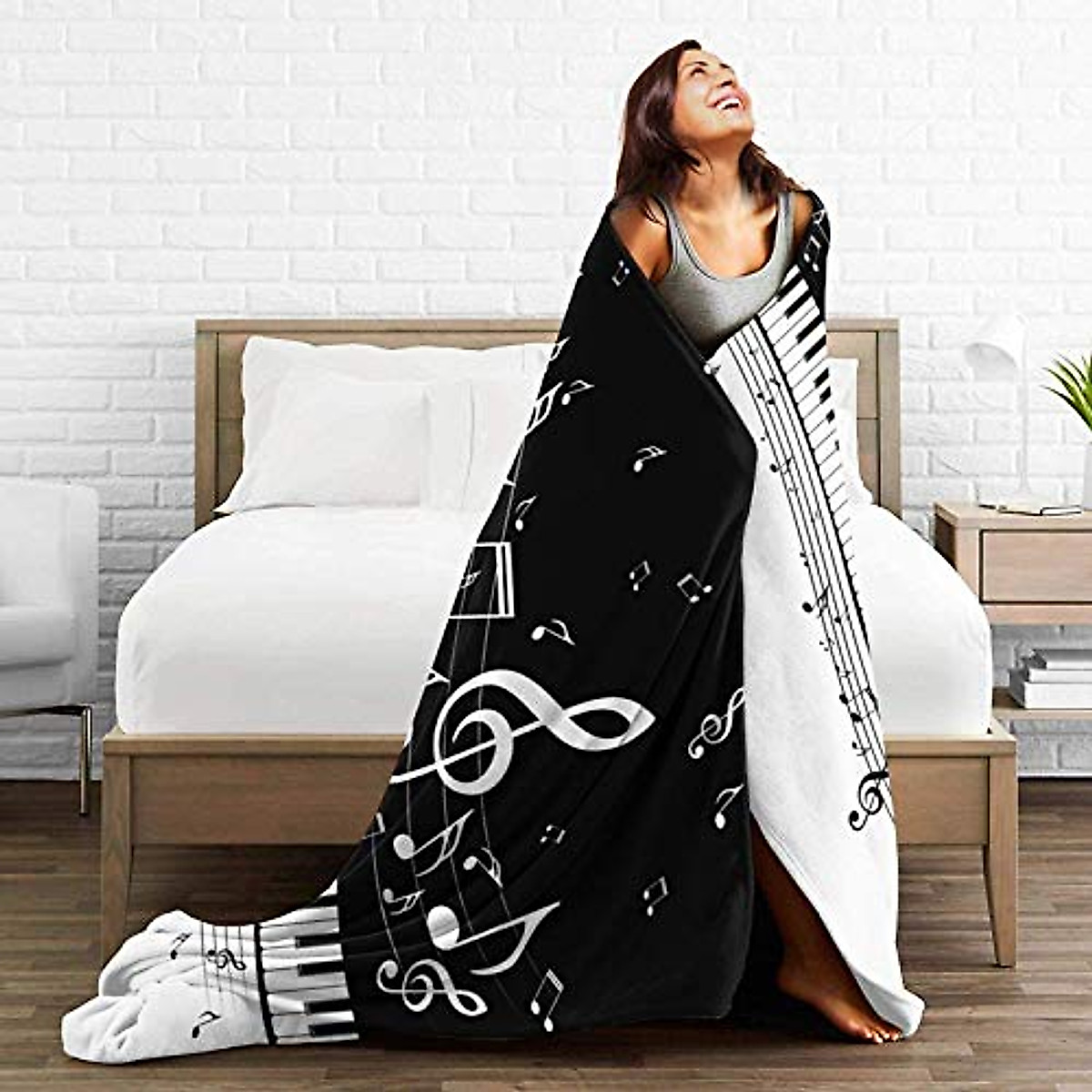 Piano Music Notes Black and White Soft Throw Blanket All Season Microplush Warm Blankets Lightweight Tufted Fuzzy Flannel Fleece Throws Blanket for Bed Sofa Couch 50"x40"