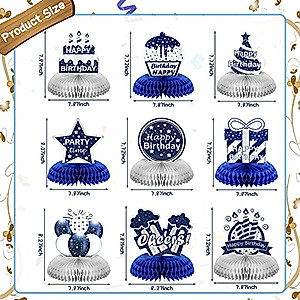 9 Pieces Happy Birthday Party Decorations Birthday Table Centerpieces Happy Birthday Honeycomb Centerpieces for Men and Woman Birthday Party Supplies (Blue Silver)