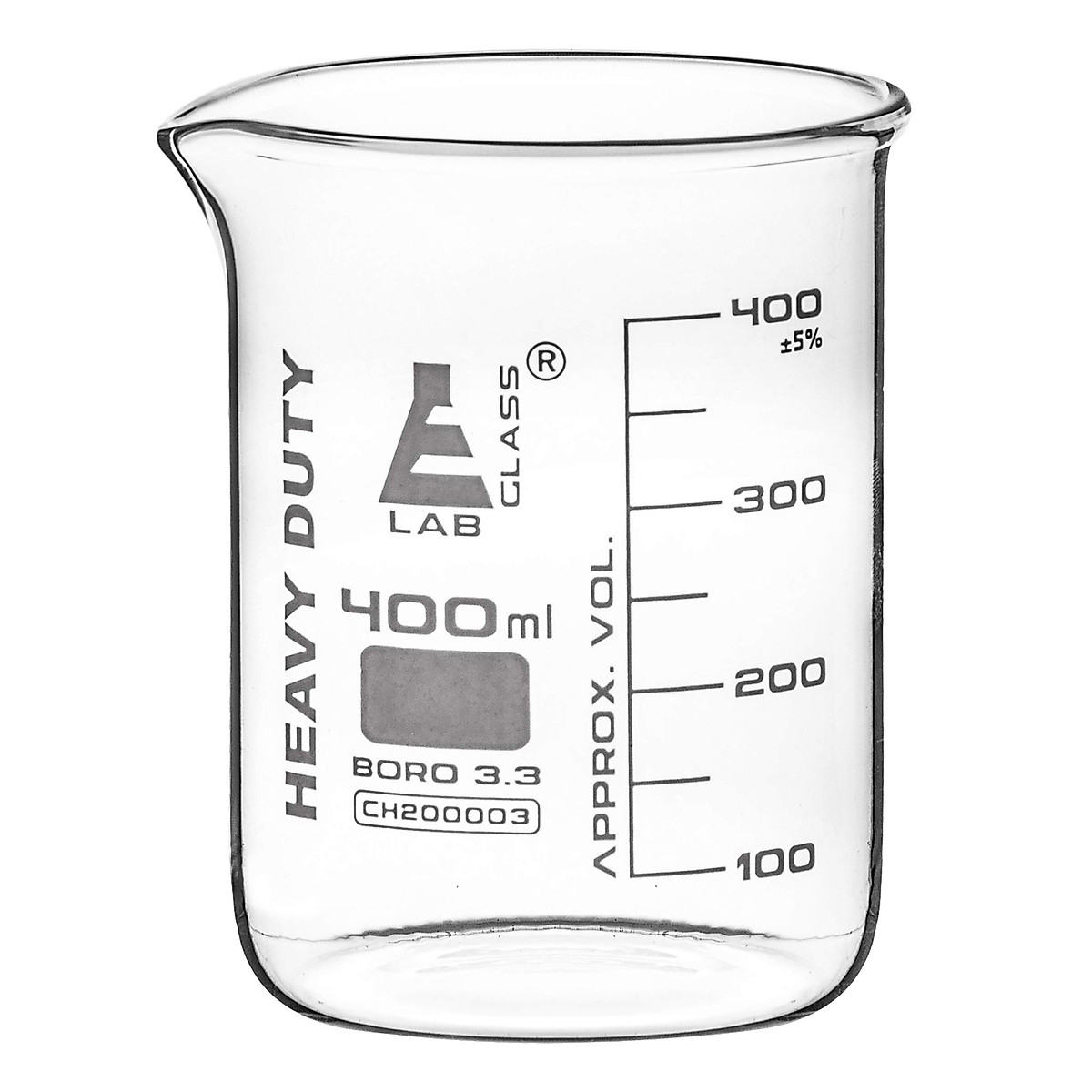 EISCO Heavy Duty Beaker, 400ml - 5mm Thick, Uniform Walls - Superior Durability & Chemical Resistance - White Graduations - Borosilicate 3.3 Glass