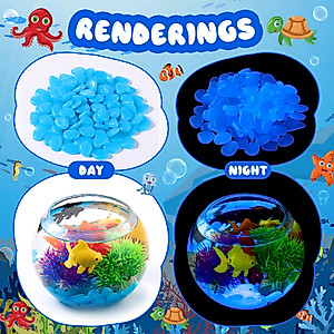 Jexine 100 Pcs Fish Tank Rocks Glow Blue, Fish Tank Stones Accessories Gravel with 10 Pack Artificial Aquatic Plants Fish Tank Plants Plastic Coral Reef Decorations for Aquariums