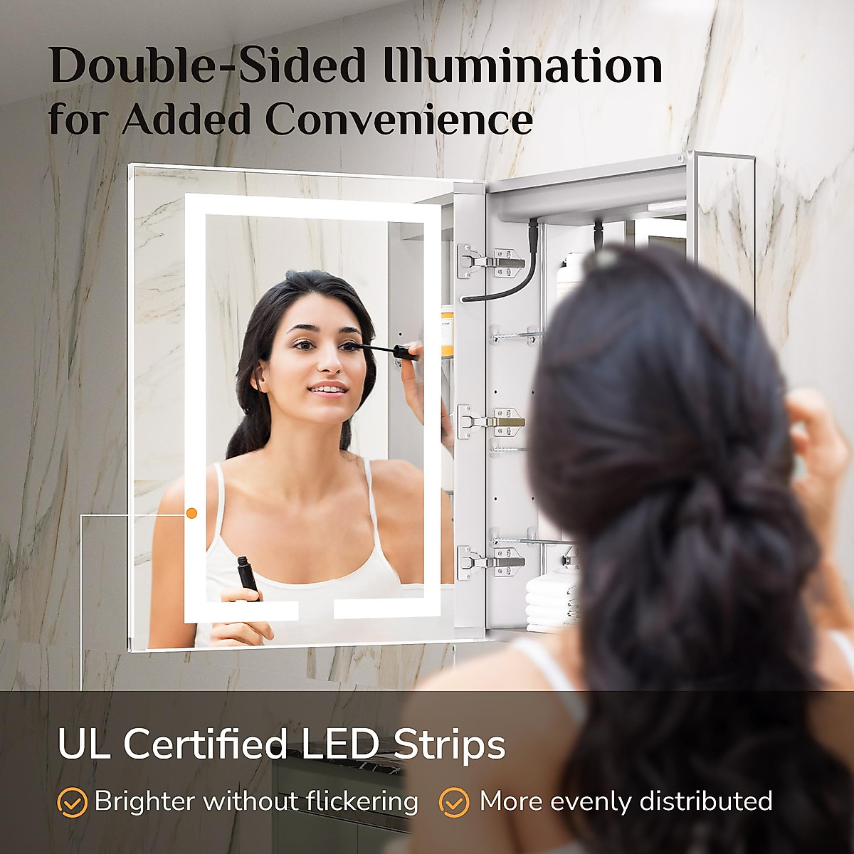 Keonjinn 24 x 32 LED Medicine Cabinet for Bathroom with Light Adjustable Shelves Electrical Outlet Dimmable Defogging 3 Color Light Tempered Glass LED Vanity Mirror with Storage Recessed/Surface Mount