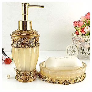 LUANT Vintage Golden Bathroom Accessories, 5Piece Bathroom Accessories Set, Bathroom Set Features, Soap Dispenser, Toothbrush Holder, Tumbler & Soap Dish - Golden Glossy - Bath Gift Set