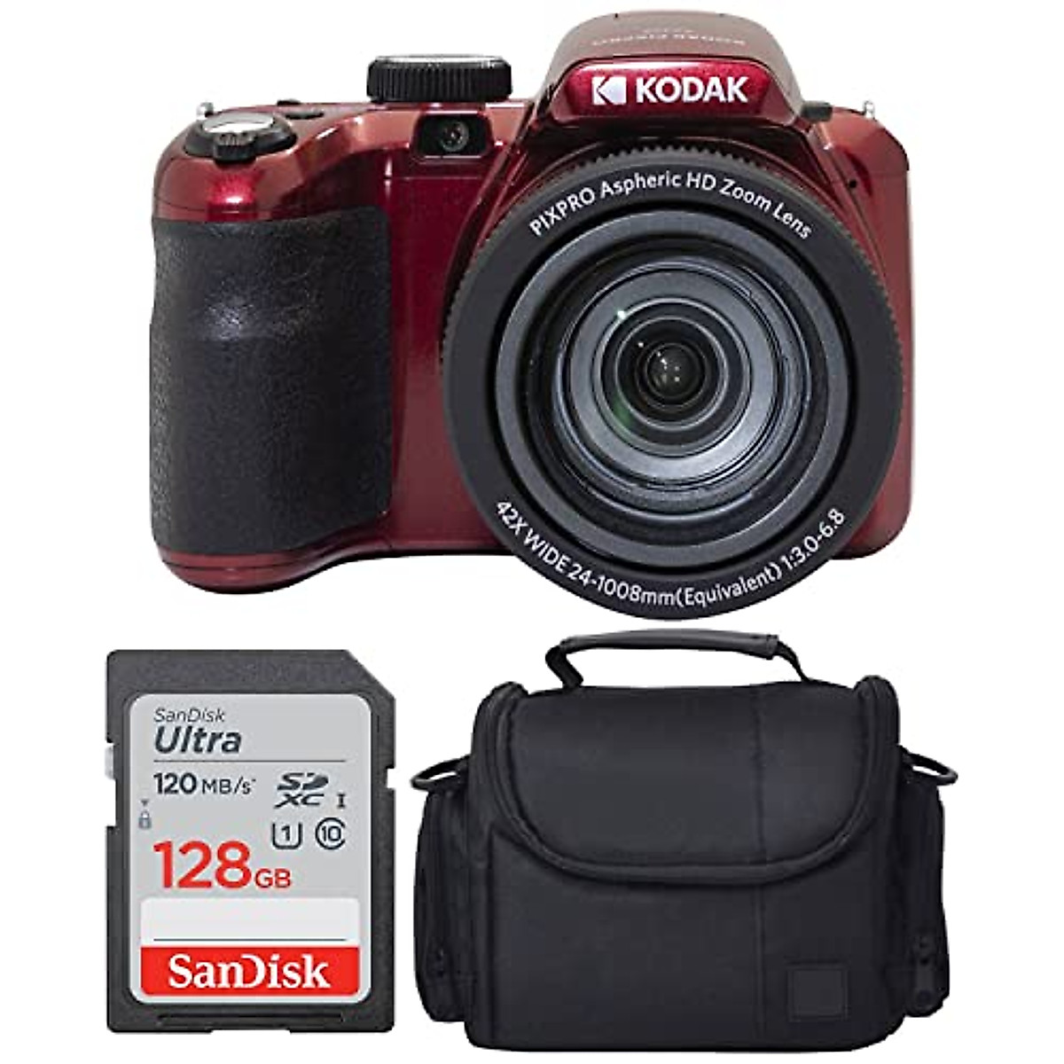 Kodak PIXPRO AZ425 Digital Camera + Camera Case + 128GB Memory Card (Red)