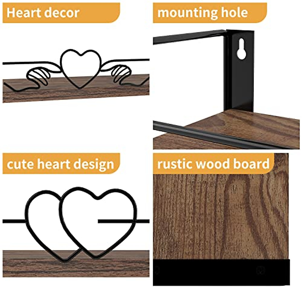 Lyeasw Floating Shelves Heart Shaped Wall Shelf, Rustic Wood Heart Shaped Shelving for Bedroom Kitchen Living Room Nursery Bathroom, Set of 4