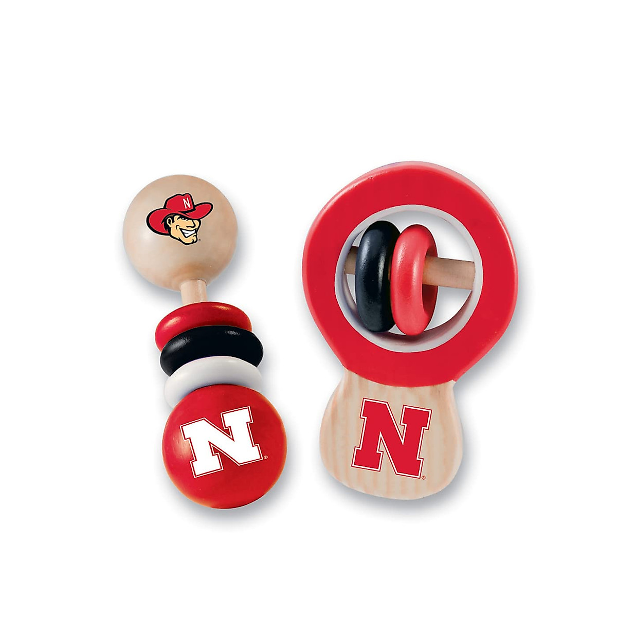 BabyFanatic Wood Rattle 2 Pack - NCAA Nebraska Cornhuskers - Officially Licensed Baby Toy Set