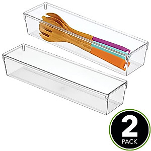 mDesign Plastic Stackable Kitchen Drawer Storage Organizer Tray Containers for Pantry, Drawers, Cupboard, Shelf, or Counter - Holds Utensil, Gadget, and Snacks - Lumiere Collection - 2 Pack - Clear