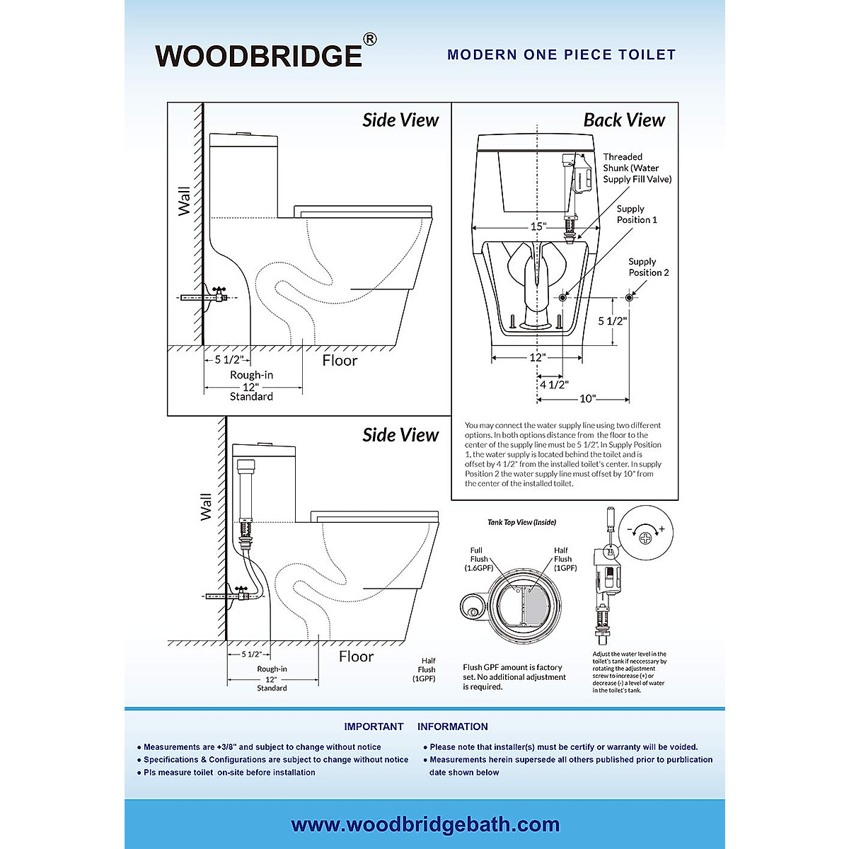 Woodbridgebath T-018 Dual Flush Elongated One Piece Toilet with Soft Closing Seat, Comfort Height, Water Sense