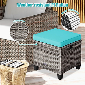 ORALNER Set of 2 Outdoor Ottoman, 16” Wicker Foot Stools, All-Weather Rattan Cube Footstool w/Removable Cushions, Square Footrest Extra Seating for Patio, Porch, Deck, Easy Assembly (Turquoise)
