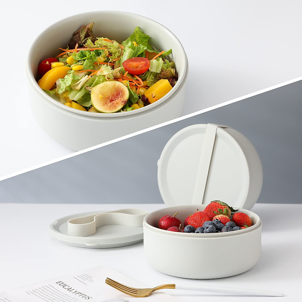 WALZION Ceramic Bowl Lunch Container with Lid,Protective Non-slip Exterior Snap-tight Silicone Strap, 22 oz，Food Storage, Bento Box, Meal Prep，Dishwasher Microwave Safe (light grey)