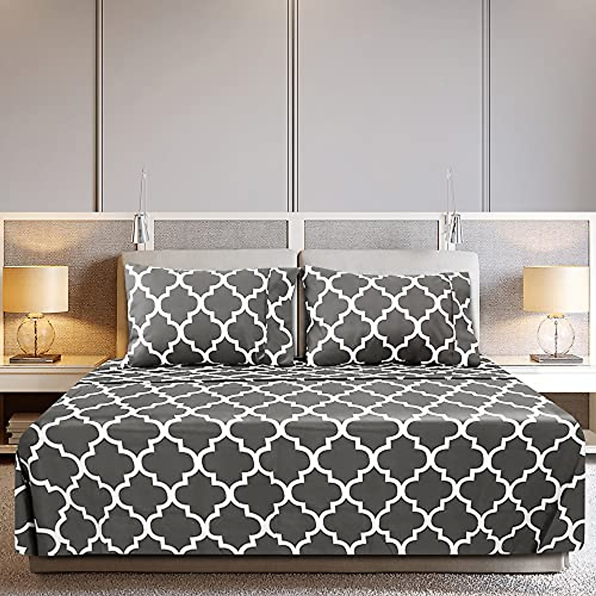 Utopia Bedding Queen Sheet Set, Soft Microfiber 4 Piece Bed Sheets with 16" Deep Pocket - Easy Care Brushed Microfiber (Quatrefoil - Grey)