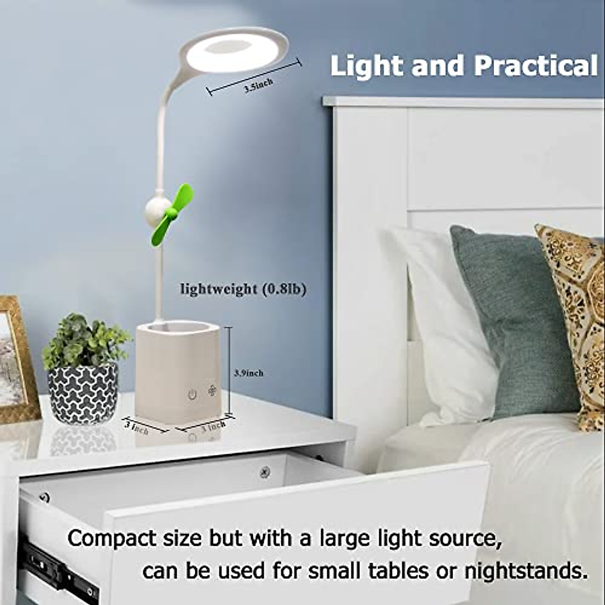 Seaciyan Led Desk Lamps, Small Cute Desk Lamp with 3 Lighting Modes, Modern Desk Ring Night Light with Pen Holder and Green Mini Fan for Home Office Bedroom