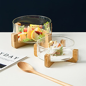 DOITOOL Creative Glass Serving Bowls, Round Salad Container, Clear Salad Serving Bowl with Wood Stand for Pistachios, Edamame, Cherries, Nuts, Fruits, Candies