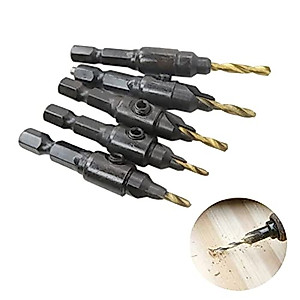 GRABOTE 5Pcs Countersink Drill Bit Set 1/4'' Hex Shank HSS Woodworking Pilot Screw Holes 5 Sizes (#5, 6, 8, 10, 12) with Hex Key