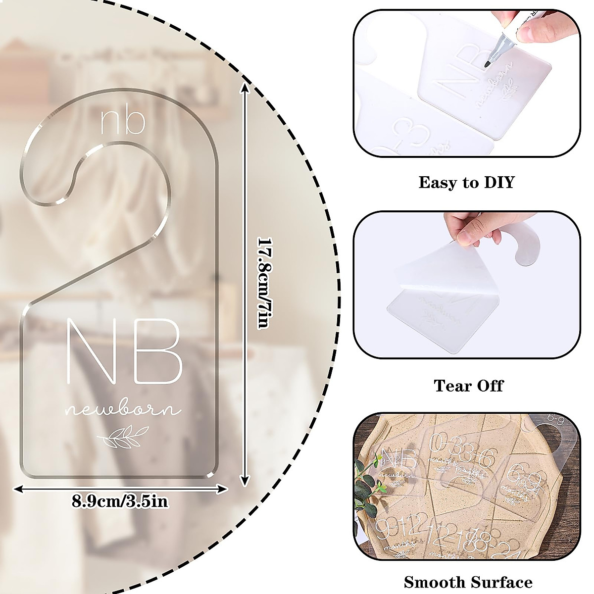 Whaline 7Pcs Baby Closet Size Dividers Clear Acrylic Infant Clothes Hanger Separators Newborn to 24 Month Clothes Dividers Thicken Wardrobe Hanger Organizers for Home Nursery Baby Clothes, 3.5 x 7Inch