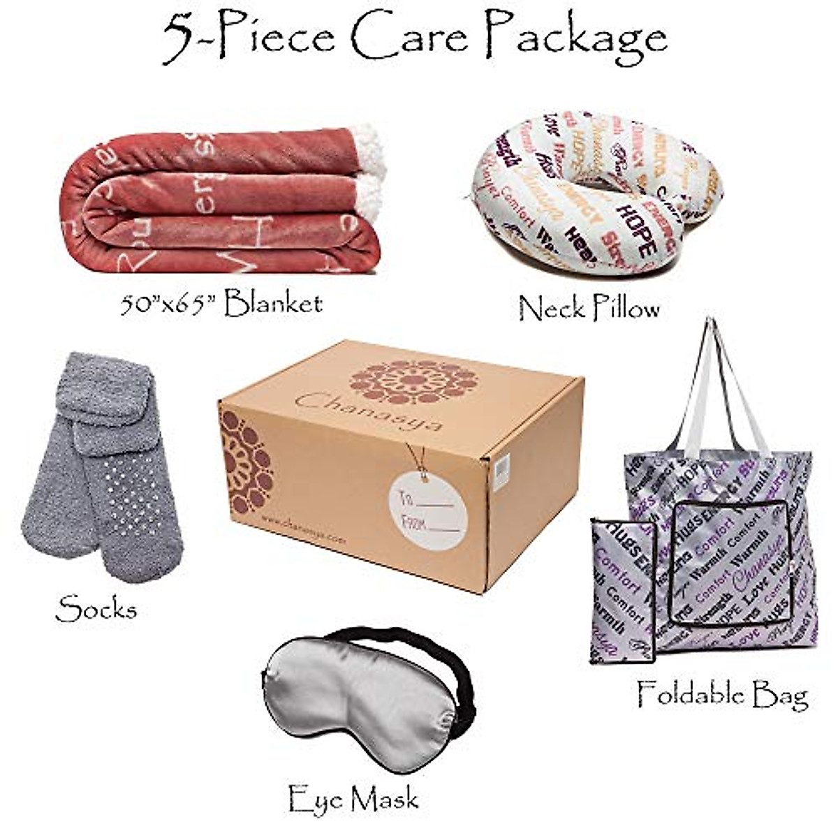 Chanasya and Healing Hugs Gift Throw Blanket Set - Sympathy, Warm Postive Thoughts, Courage and Strength - 5-Piece Combo Pack (Blanket, Neck Pillow, Eye Mask, Tote Bag and Socks) Rose Tan