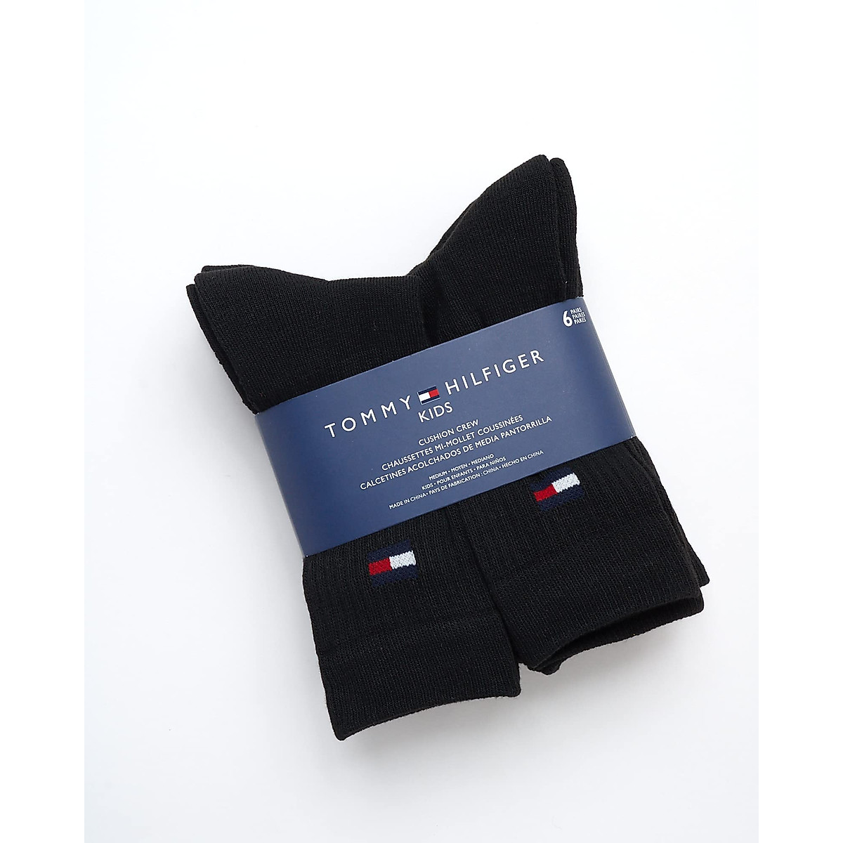 Tommy Hilfiger Unisex Kids' Athletic Socks - Cushioned Crew Socks (6 Pack), Size Medium, Black