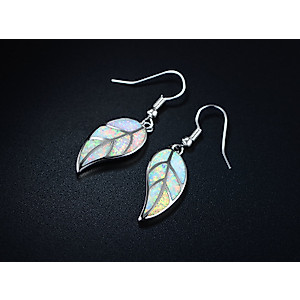 Barzel White Gold Plated Created White Opal Leaf Drop Earrings (Silver White Opal)