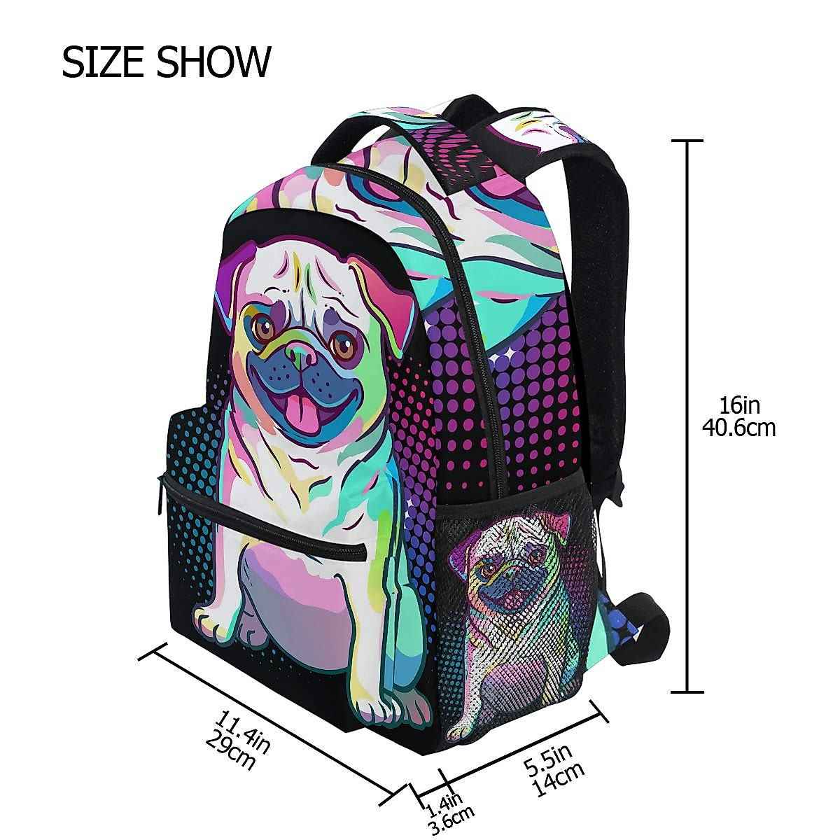School Backpack Pug Dog Pop Art Style Teens Girls Boys Schoolbag Travel Bag
