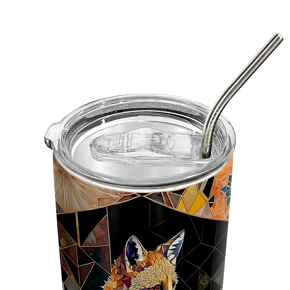 20oz Yellow Citrine Stained Glass Crystal Mosaic Fox Tumbler, Gifts for Fox Lovers, Coffee Thermos for Women, Stainless Steel Double Wall Vacuum Insulated Coffee Mug, Travel Cup with Lid