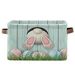 senya Easter Basket with Handles, Easter Bunny Bottom with Pink and Blue Eggs Foldable Fabric Collapsible Storage Bins Organizer Bag for Storage Clothes