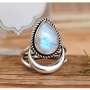 Awmnjtmgpw 925 Sterling Silver Rainbow Moonstone Moon Women's Retro Ring Creative Tear Shaped Water Drop Crescent Punk Ring Size 6-10 (Size 9)