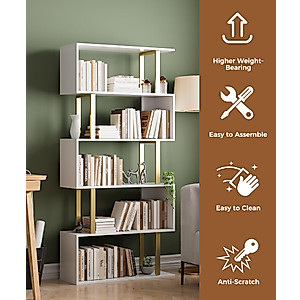 Gadroad 5 Tier Geometric Bookcase,S Shaped Bookshelf, Wood Decorative Storage Shelving, Modern Freestanding Display Shelves, Tall Book Shelf Unit for Living Room Bedroom, Gold