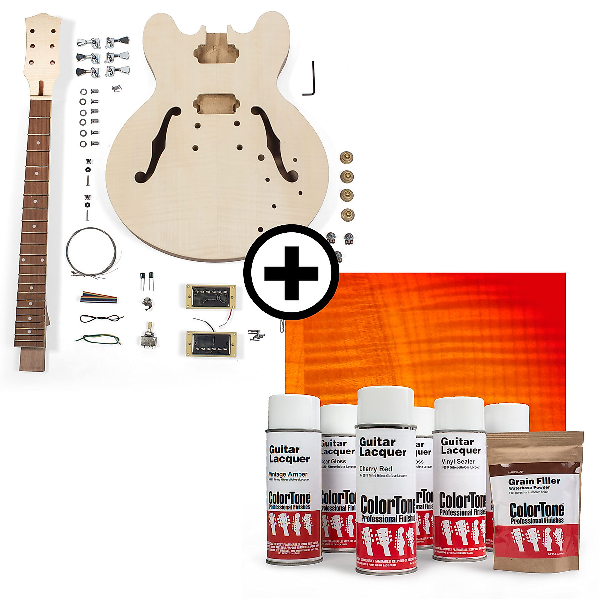StewMac Semi Hollow DIY Build Your Own Electric Guitar Kit with Cherry Sunburst Finishing Set