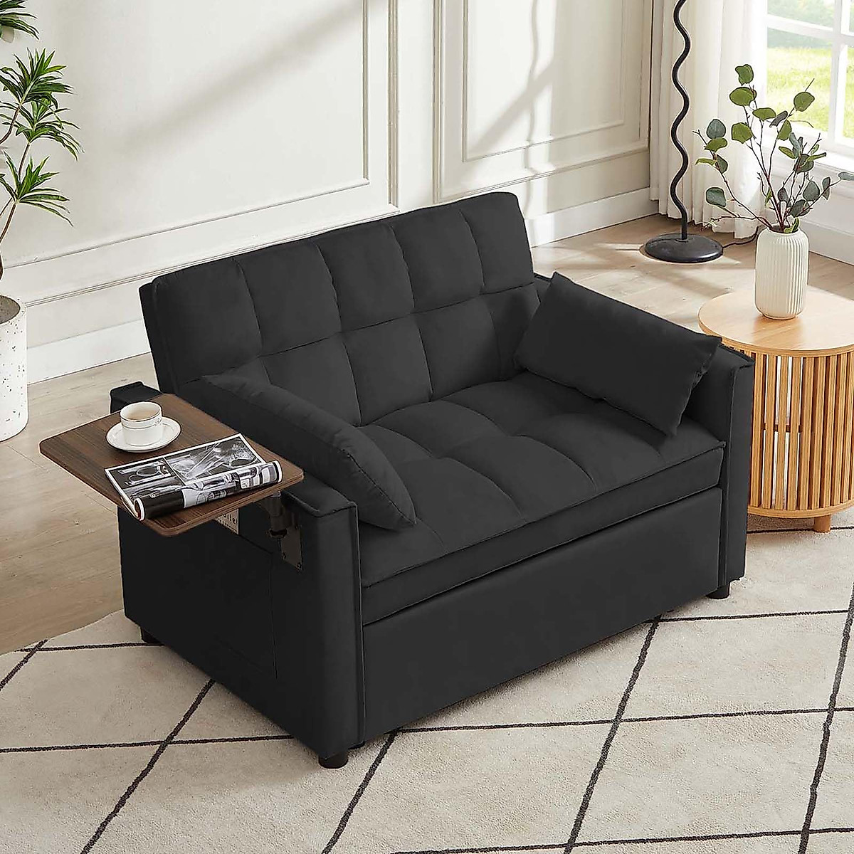 Antetek 3 in 1 Convertible Sofa Bed w/360° Rotating Side Table, 47" Modern Velvet Loveseat Sofa, Small Sleeper Pullout Bed w/Adjustable Backrest for Living Room Apartment, Office, Small Space, Black