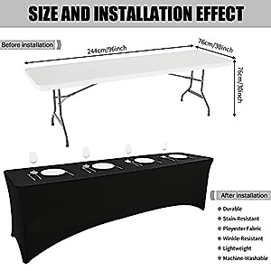 3 Pcs 8 Ft Stretch Spandex Tablecloth Rectangular Stretchable Patio Table Cover for Standard Folding Tables Fitted Cocktail Tablecloth Protector for Wedding, Banquet, Exhibitions, Party (Black)