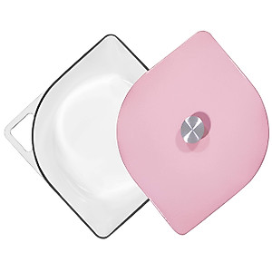 Bruntmor 3 Quart Cast Iron Enameled Dutch Oven - Modern Squoval Design - Nonstick Seasoned Pot with Stainless Steel Knob - Ideal for Christmas/Thanksgiving Dinner - White with Pink Lid