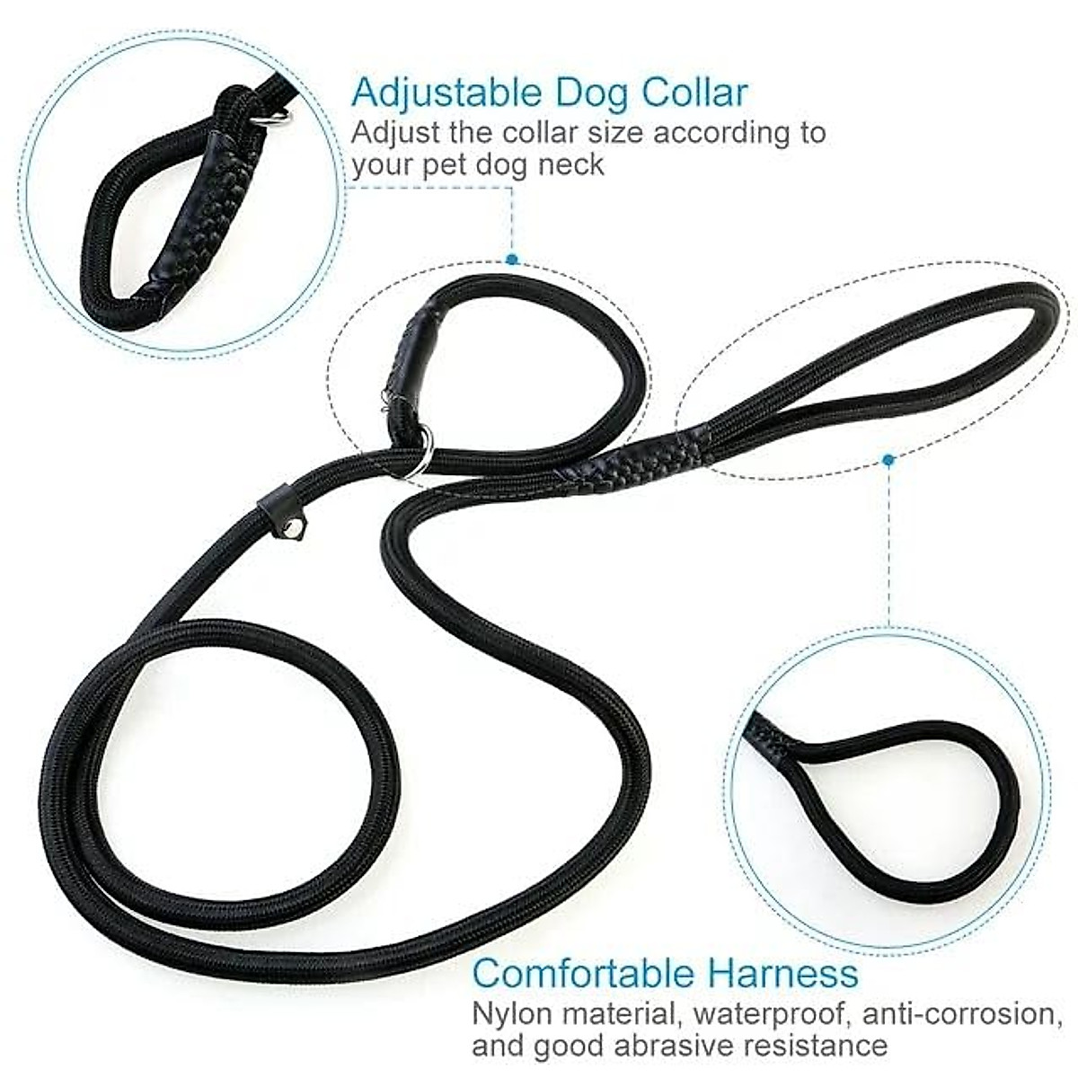 Black Dog Leash Pet Nylon Rope Training Leash Slip Lead Strap Adjustable Traction Collar Behavior Aids