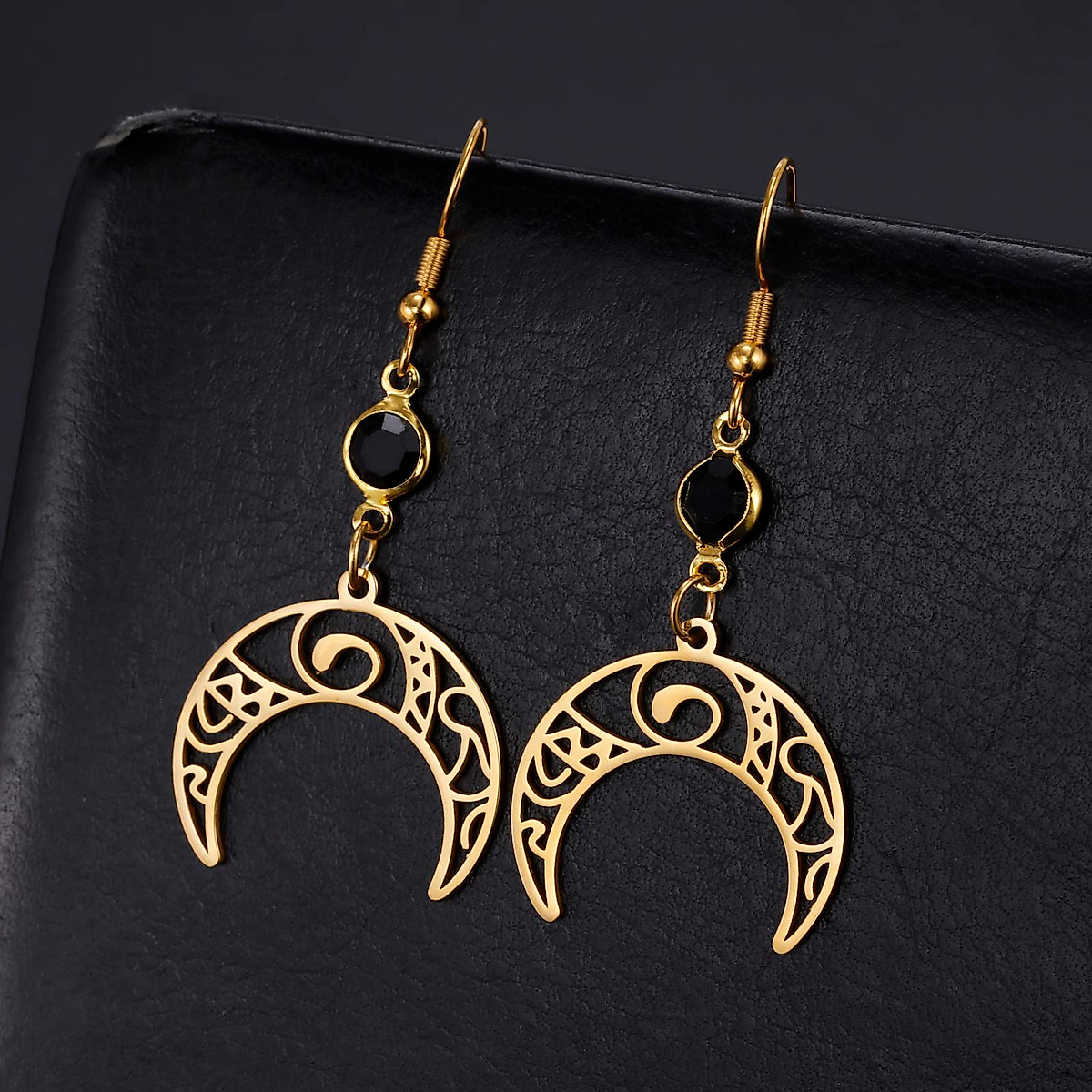 TEAMER Stainless Steel Crescent Goddess Black Birthstone Witches Knot Earrings Triple Moon Wicca Pentagram Gothic Celtic Knot Drop Earrings (Moon - Gold)